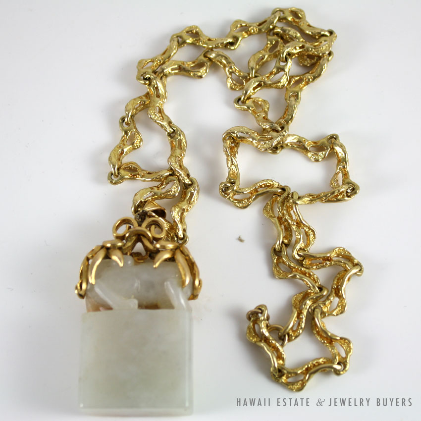 IMPORTANT 19C CHINESE MUTTON FAT WHITE JADE CARVED OX 14K YELLOW GOLD ...